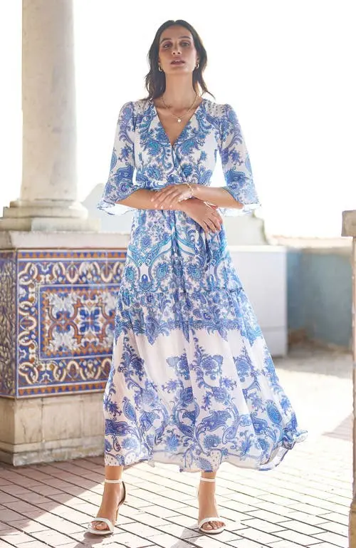 YUMI 3/4 Sleeve Paisley Wrap Midi Dress