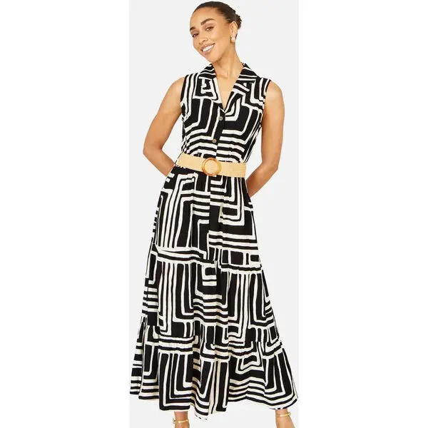 YUMI Geo Print Sleeveless Midi Shirt Dress - Black