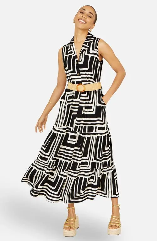 YUMI Geo Print Sleeveless Midi Shirt Dress - Black
