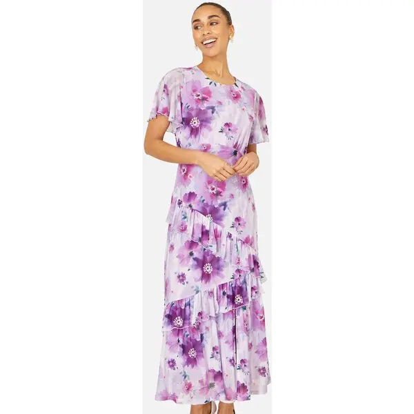 YUMI Floral Print Frill Midi Dress - Lavender
