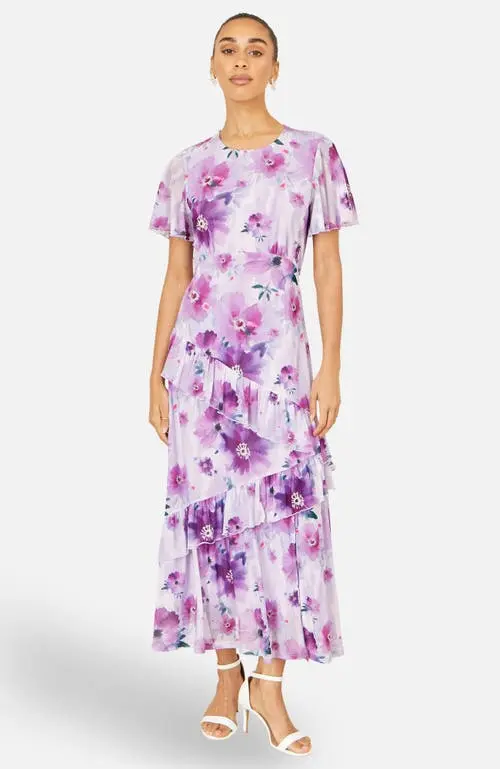 YUMI Floral Print Frill Midi Dress