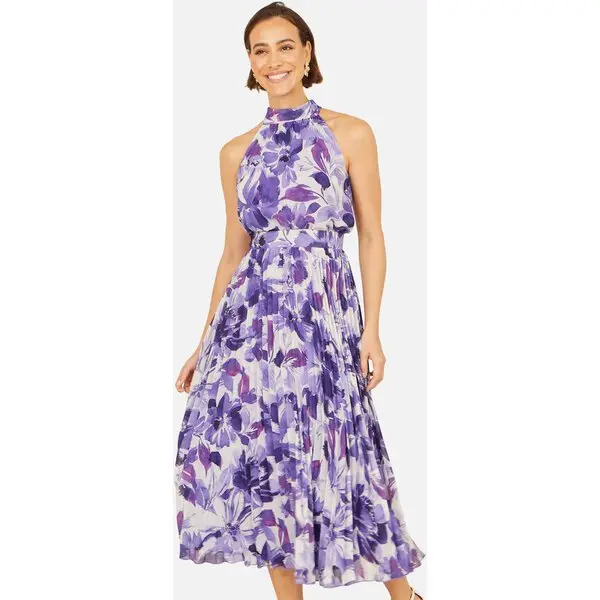YUMI Floral Halter Neck Pleated Midi Dress - Purple