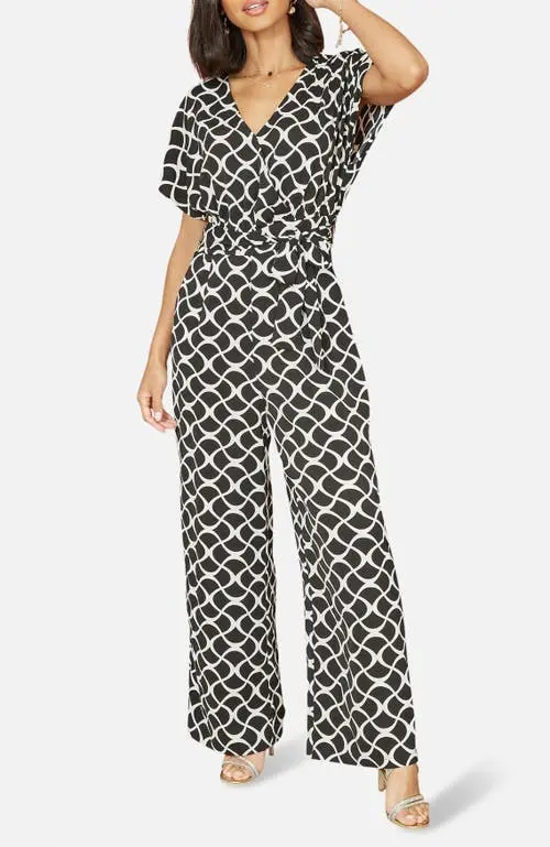 YUMI Geometric Print Wrap Jumpsuit - Black