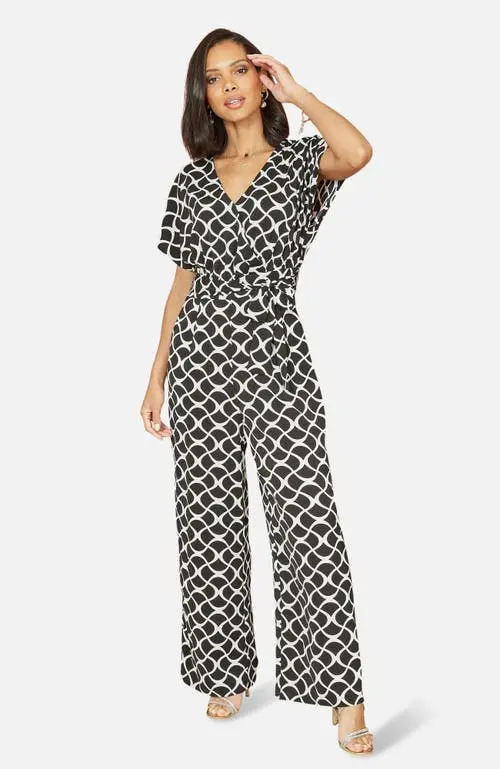 YUMI Geometric Print Wrap Jumpsuit - Black