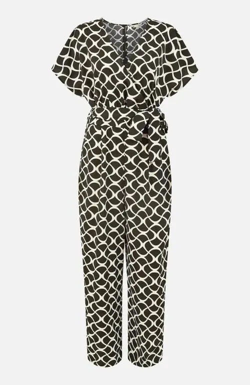 YUMI Geometric Print Wrap Jumpsuit - Black