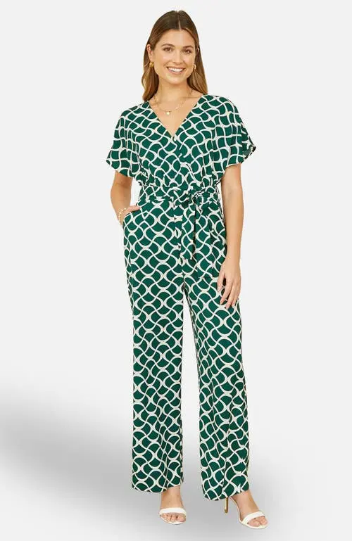 YUMI Geometric Print Wrap Jumpsuit - Green