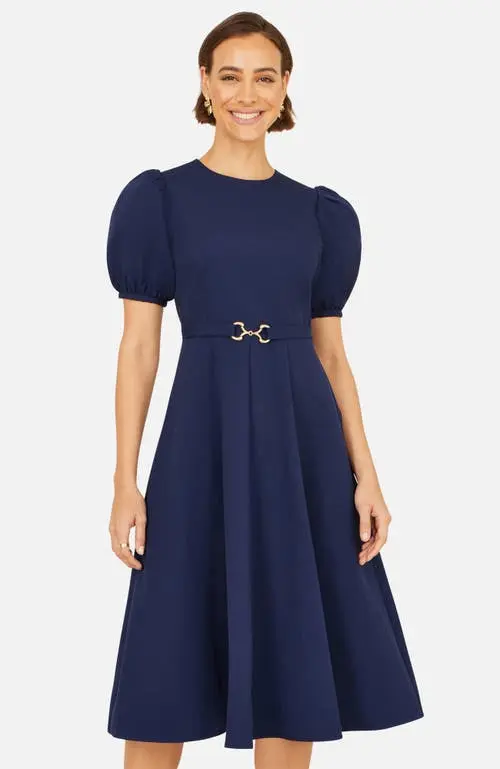 YUMI Buckle Detail Short Sleeve Skater Dress - Navy