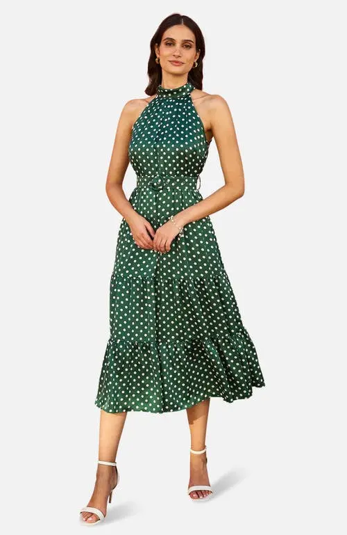 YUMI Spot Print Halter Midi Dress - Green
