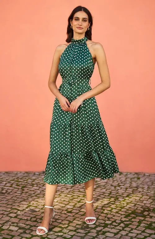 YUMI Spot Print Halter Midi Dress