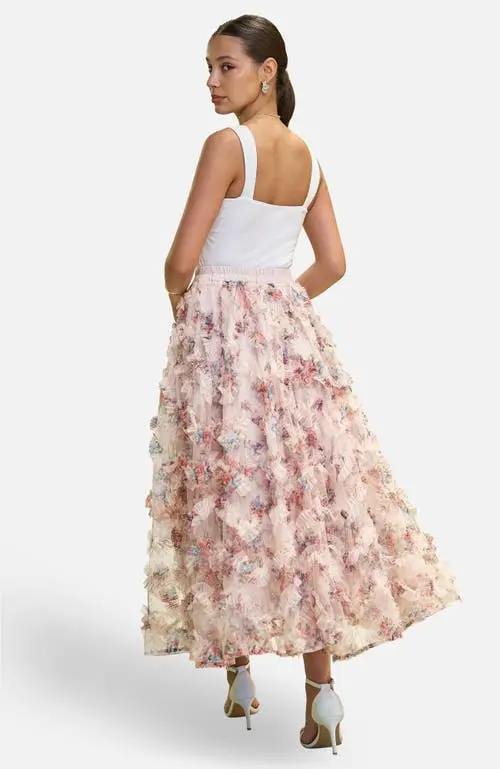 YUMI Floral Ruffle Mesh Midi Skirt - Ivory