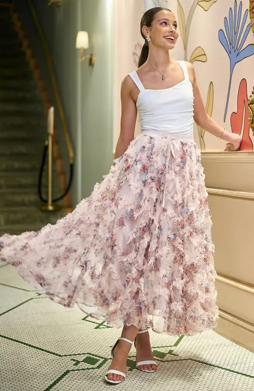 YUMI Floral Ruffle Mesh Midi Skirt - Ivory