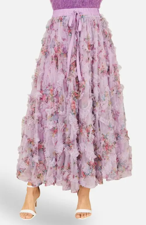 YUMI Floral Ruffle Mesh Midi Skirt - Lilac