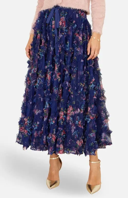 YUMI Floral Ruffle Mesh Midi Skirt - Navy