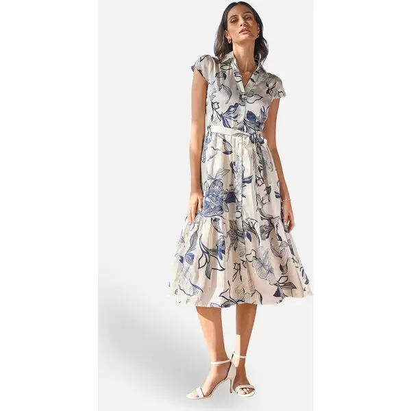 YUMI Abstract Floral Shirt Midi Dress - Ivory