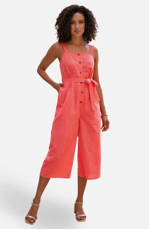 YUMI Gingham Button-through Jumpsuit - Red