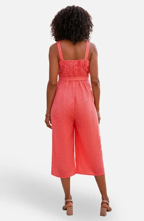 YUMI Gingham Button-through Jumpsuit - Red