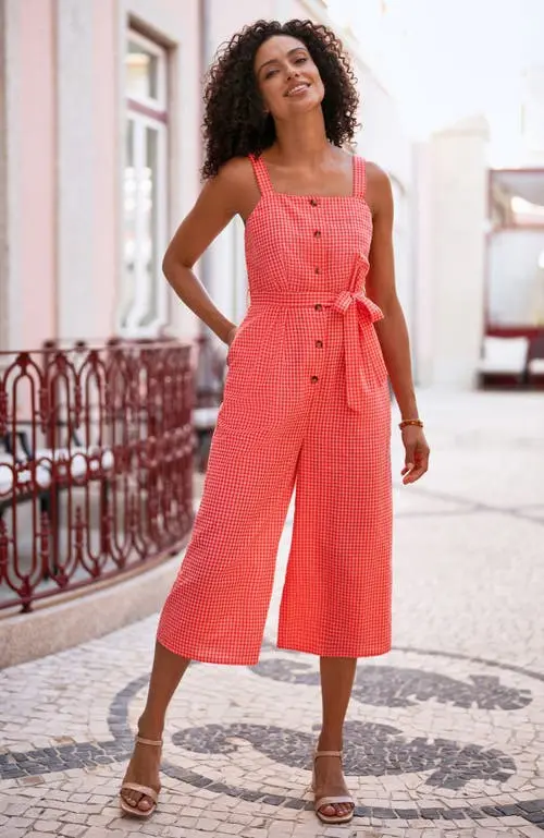 YUMI Gingham Button-through Jumpsuit - Red