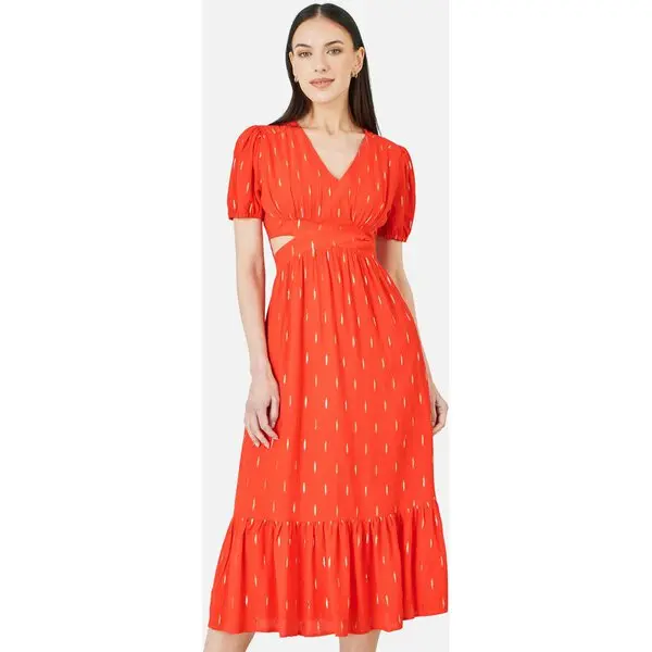 YUMI Foil Print Viscose Cut Out Midi Dress - Orange
