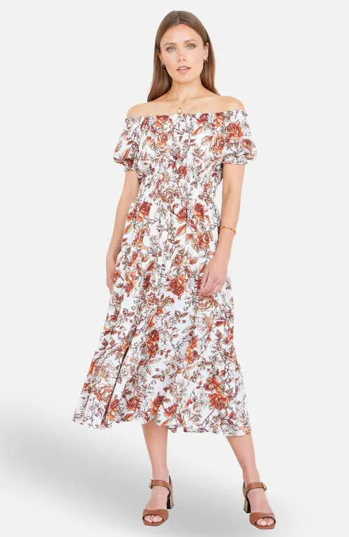 YUMI Floral Ruched Waist Midi Dress - Orange