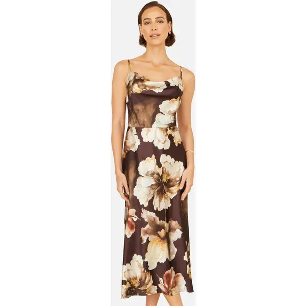 YUMI Cowl Neck Satin Floral Dress - Brown