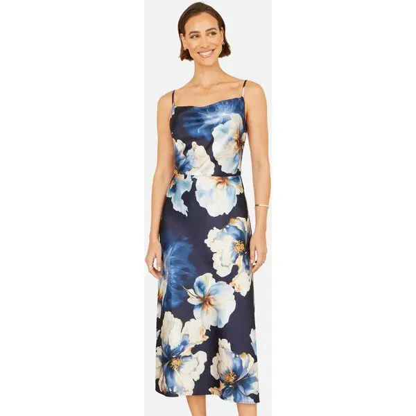 YUMI Cowl Neck Satin Floral Dress - Navy