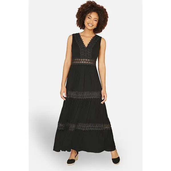YUMI Lace Trim Cotton Maxi Dress - Black