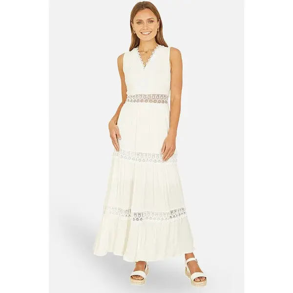 YUMI Lace Trim Cotton Maxi Dress - White