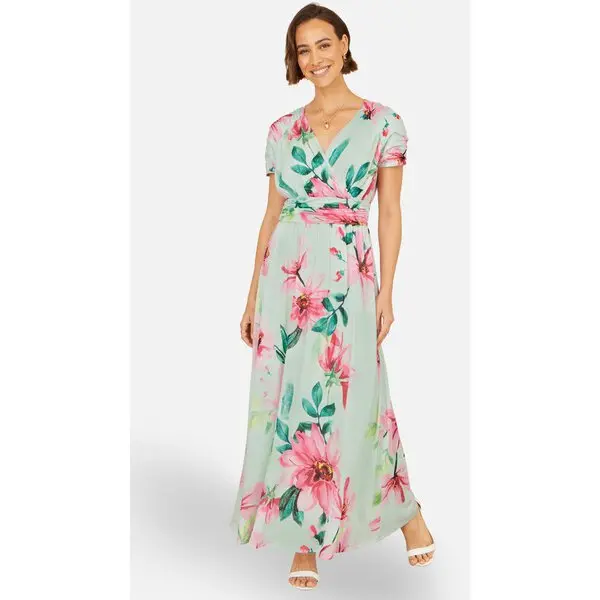 YUMI Mesh Floral Maxi Dress - Mint Green