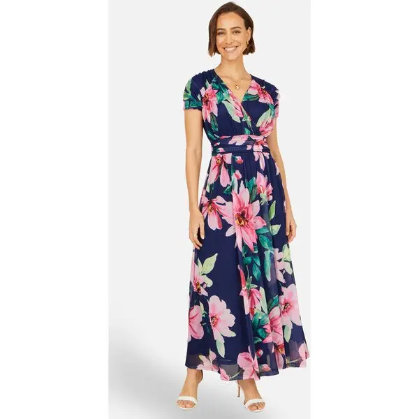 YUMI Mesh Floral Maxi Dress - Navy