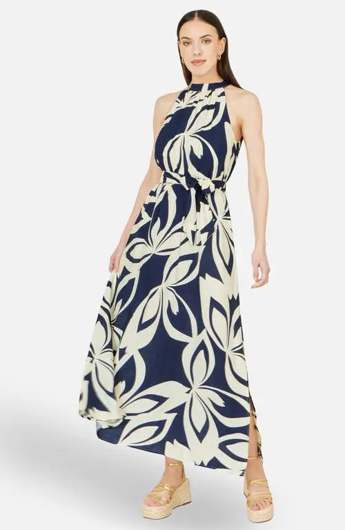 YUMI Geo Swirl Print Halter Maxi Dress - Navy