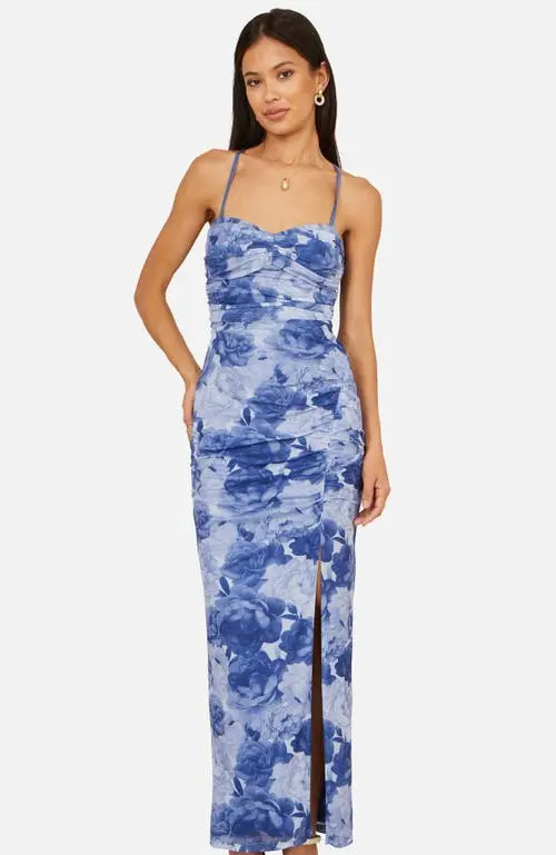 YUMI Floral Mesh Ruched Midi Dress - Blue