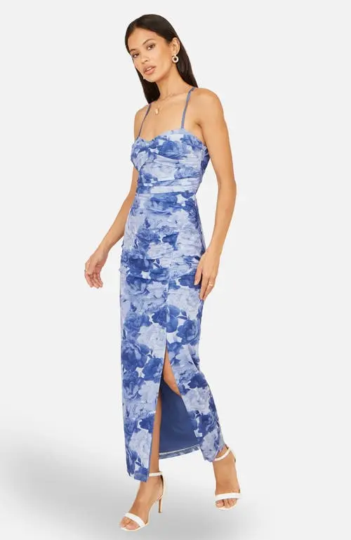 YUMI Floral Mesh Ruched Midi Dress - Blue