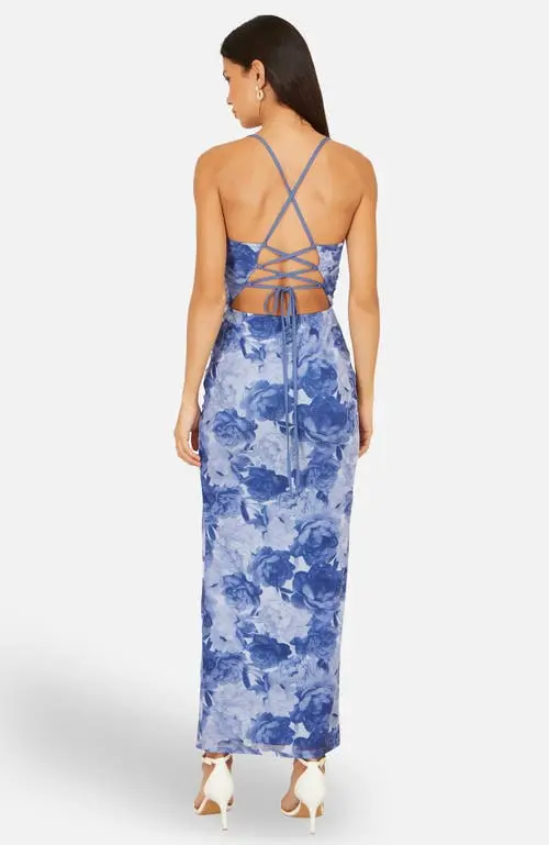 YUMI Floral Mesh Ruched Midi Dress - Blue