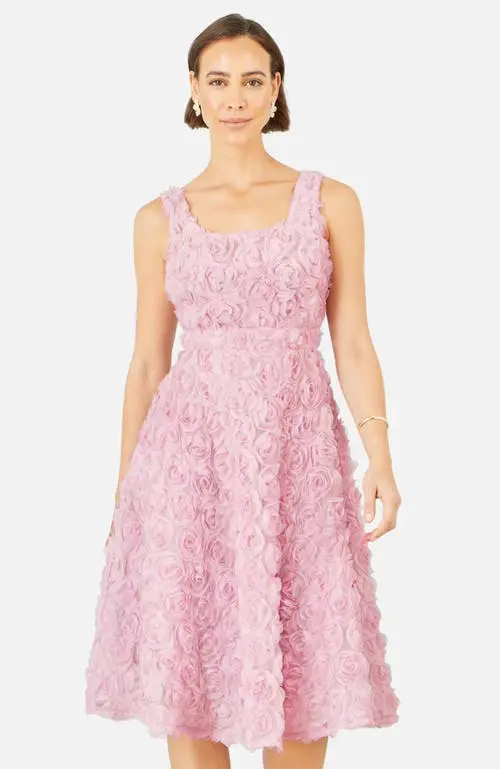 YUMI Applique Floral Skater Dress - Pink