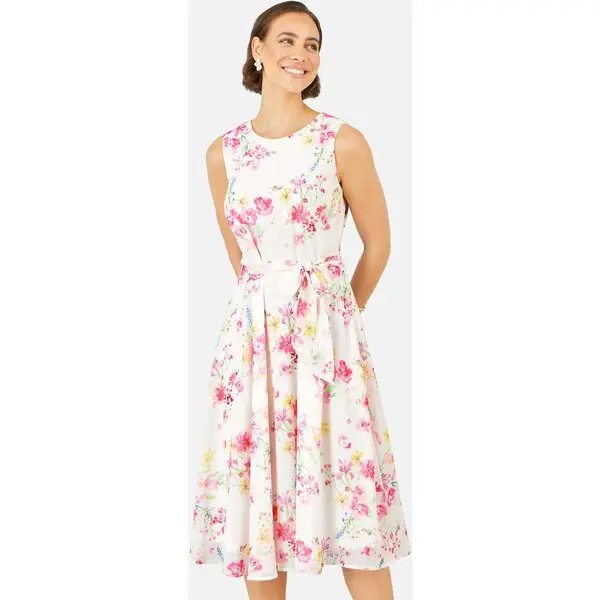 YUMI Floral Print Midi Skater Dress - White