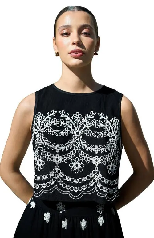 YUMI Embroidered Crop Top - Black