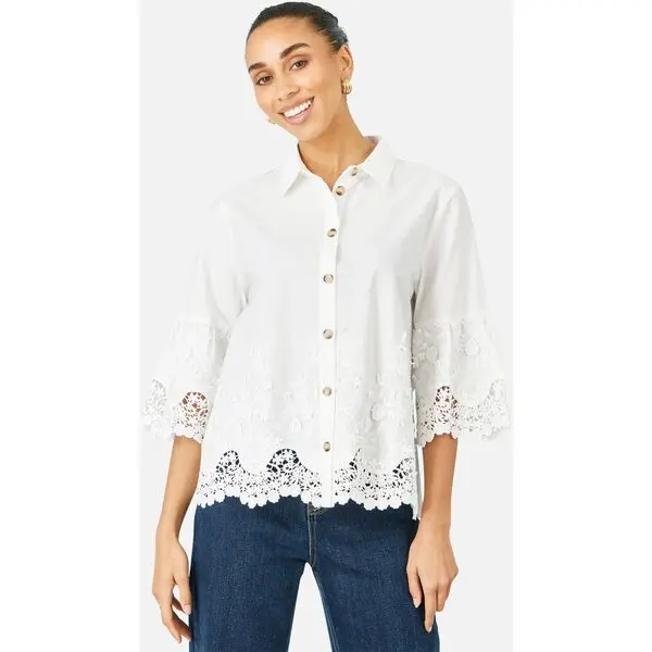 YUMI Cotton Lace Border Shirt - White