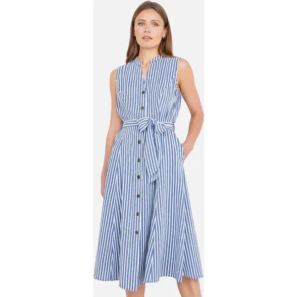 YUMI Stripe Midi Sleeveless Shirt Dress - Navy