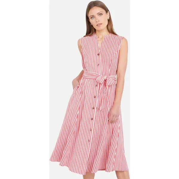 YUMI Stripe Midi Sleeveless Shirt Dress - Red
