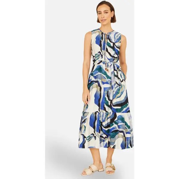 YUMI Abstract Print Sleeveless Midi Dress - Blue