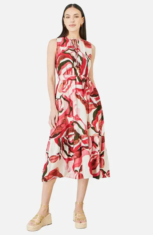 YUMI Abstract Print Sleeveless Midi Dress - Pink