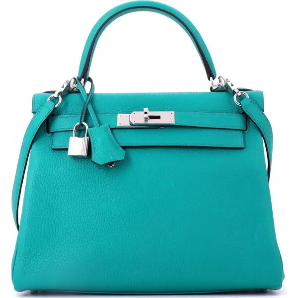 Hermès Kelly Handbag Blue Clemence With Palladium Hardware 28 - Bleu Paon