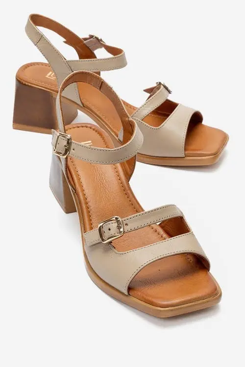 FOREVER & ALWAYS SHOES Yolen Leather Block Heel Sandal - Beige