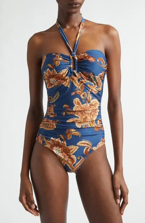 Zimmermann Aster Wide Link One-piece Halter Swimsuit - Navy Jacobean
