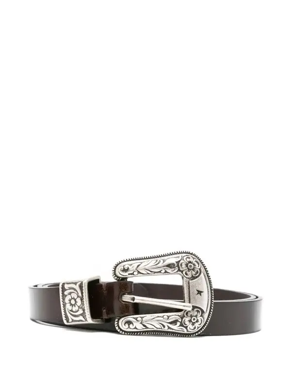 GOLDEN GOOSE Leather Belt With Engraved Buckle - Brown