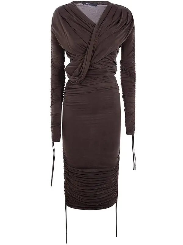 Balmain Long Sleeves Draped Jersey Cupro Mid Dress - Brown