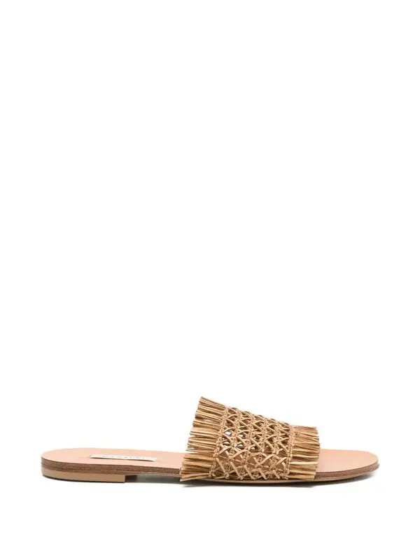Casadei Flat Fringe Straw Slippers - Beige