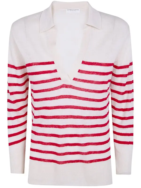 Majestic International Oversized Striped Linen Polo Shirt - Red
