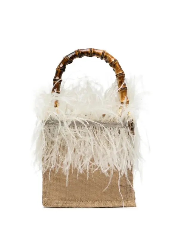 LA MILANESA Jute And Feathers Small Bag - Beige