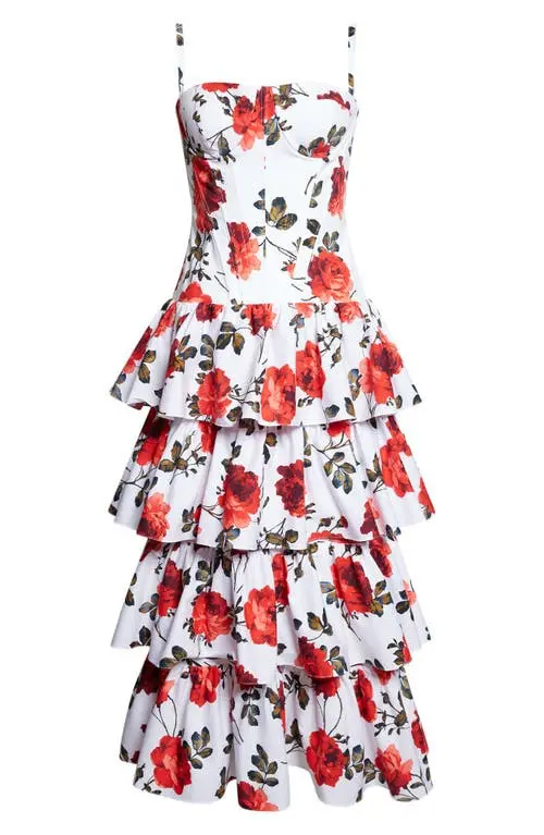 Carolina Herrera Rose Print Tiered Ruffle Convertible Stretch Cotton Poplin Dress - White Multi